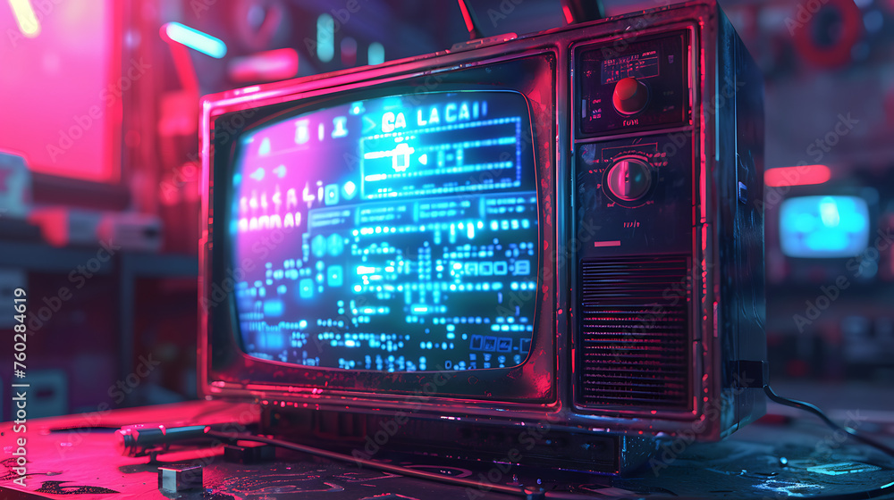 Retro TV Cyberpunk Style with Vivid Neon Colors, Futuristic Television ...