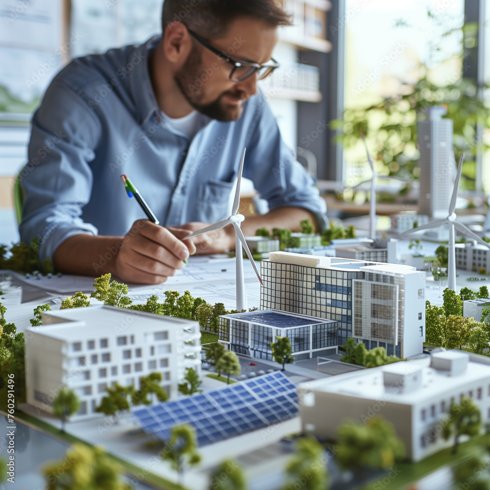 Engineer designing models of turbines, solar panels, and clean energy ...