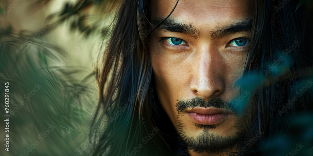handsome Japanese man with long hair and blue eyes, generative AI Stock ...
