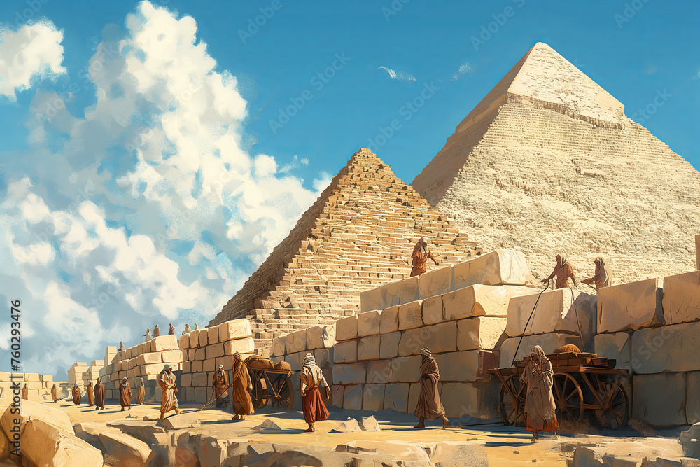 Slaves building Egypt pyramids, cartoon illustration, ancient Jewish in ...