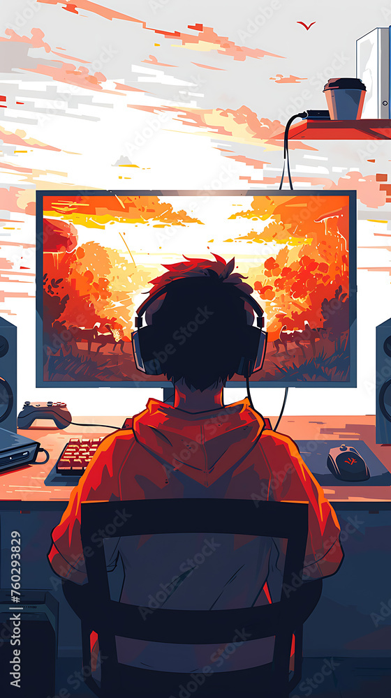 Vector Illustration of Young Gamer Sitting in Front of a Screen with ...