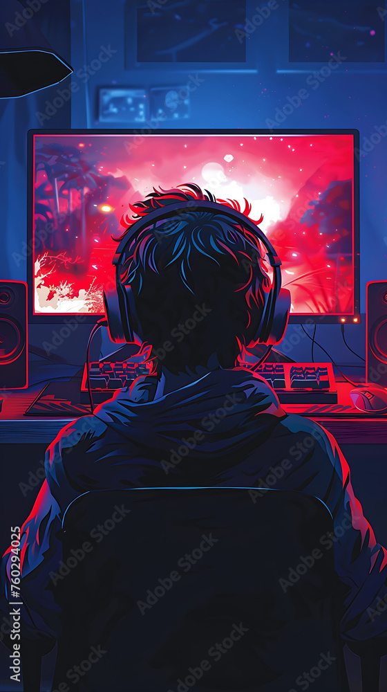 Vector Illustration of Young Gamer Sitting in Front of a Screen with ...