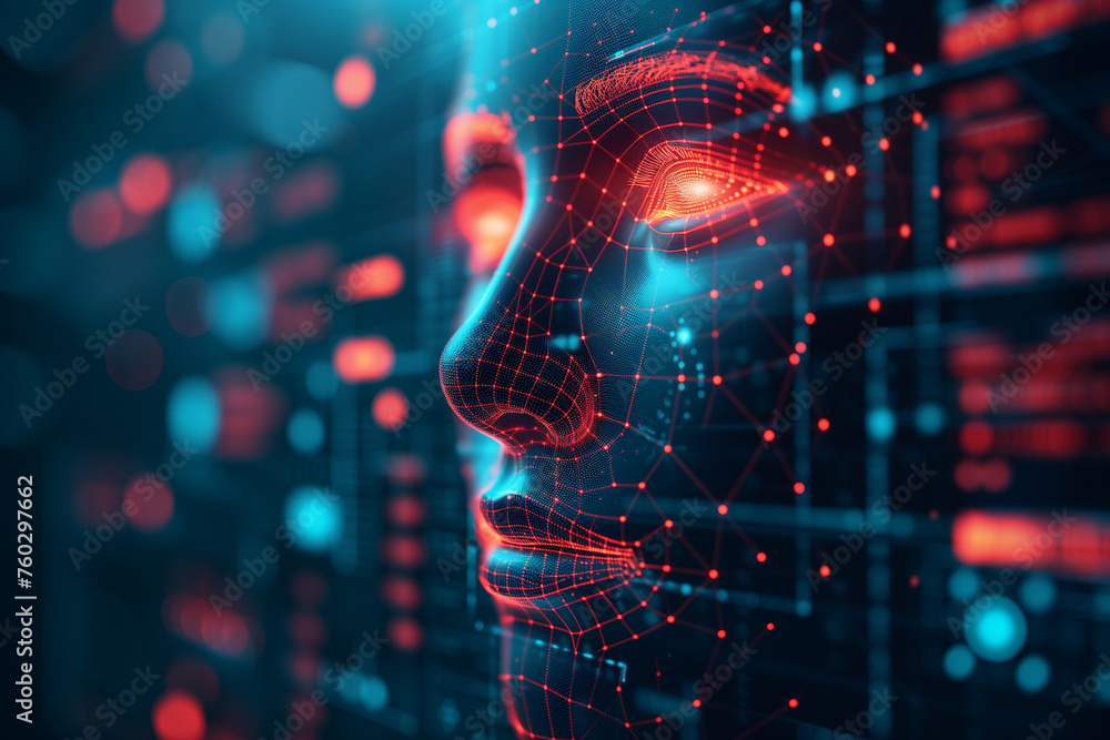 Artificial intelligence cyborg face with binary code on screen Stock ...
