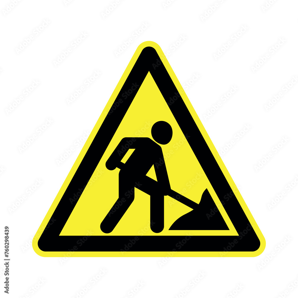 Triangular road work sign. A man with a shovel, a symbol of repair or ...