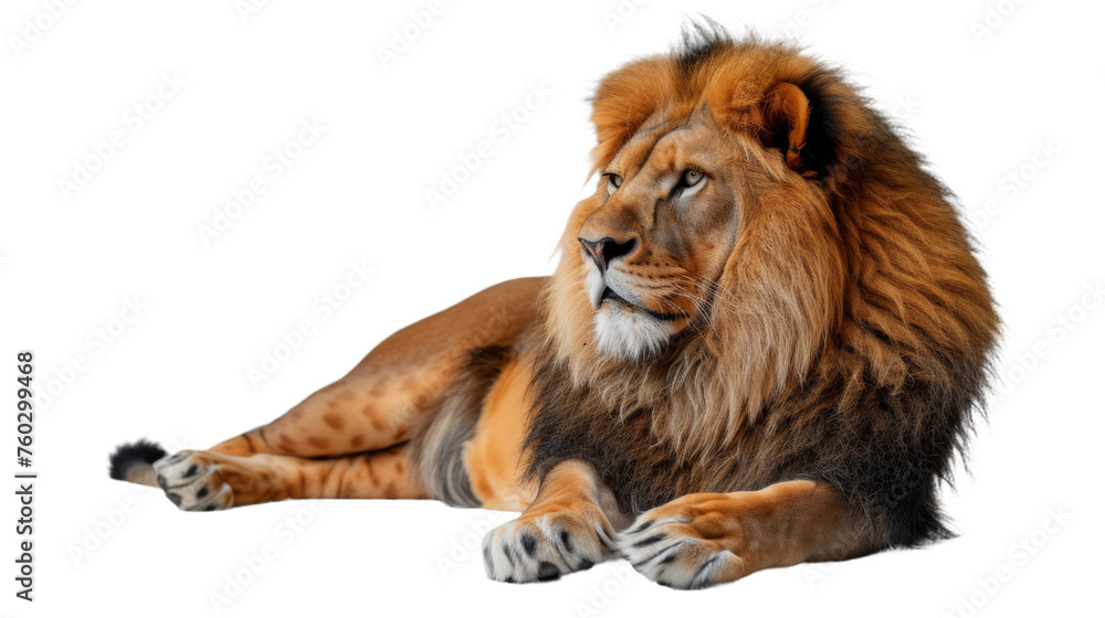 This image showcases a regal lion reclining with a serene posture, its ...