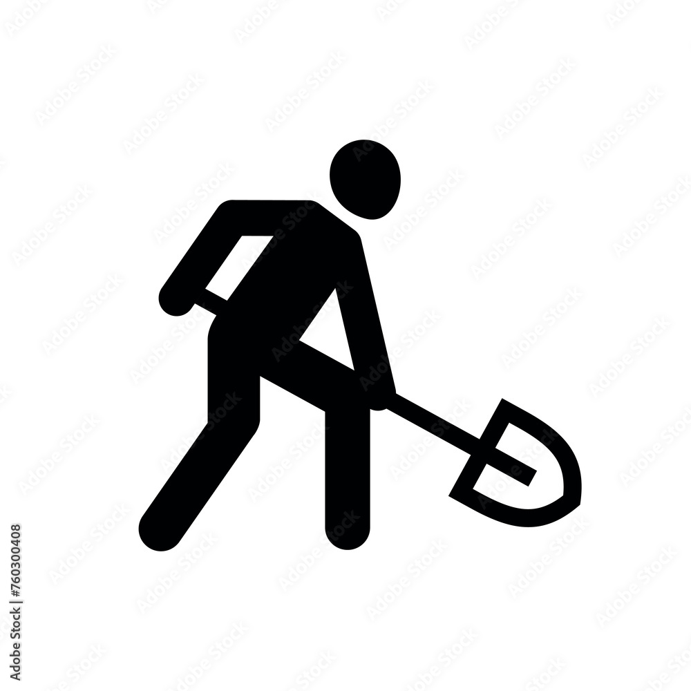 Icon of a man with a shovel. Symbol of work or road works. Repair or ...