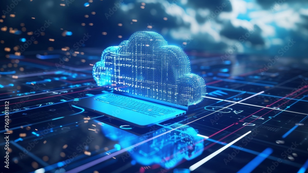 Cloud computing network visualized with a laptop and interconnected ...