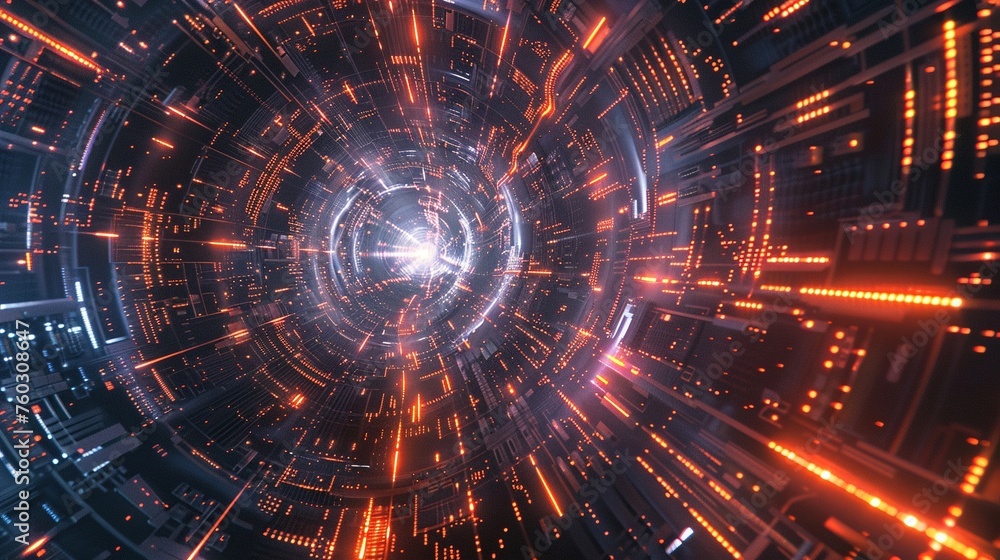 cross-section of a futuristic data center, its core glowing with energy as endless streams of ...