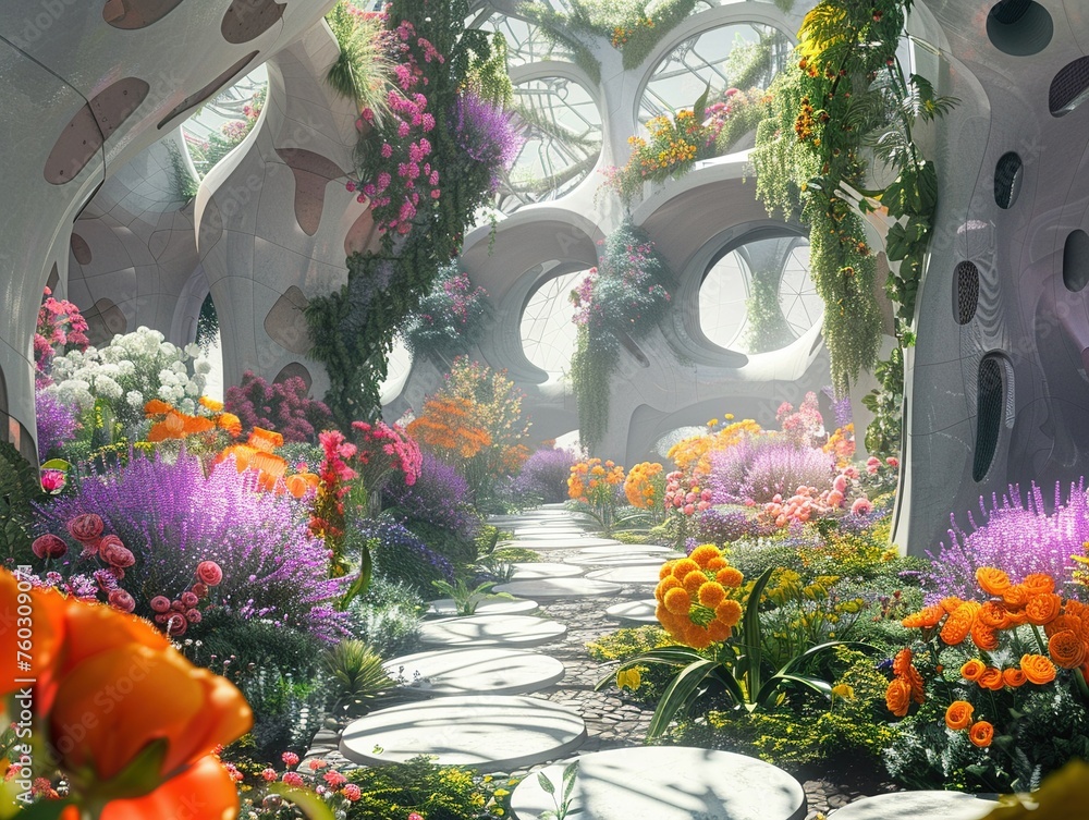 lush futuristic garden where flowers bloom in the shapes of different ...