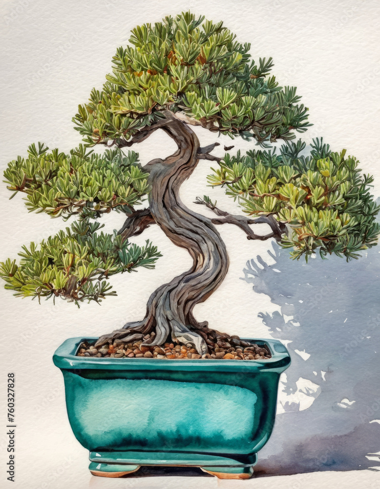 watercolor painting juniper bonsai, bright back lit, in a teal pot ...