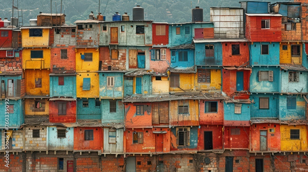Slums are overcrowded with dilapidated housing and blue roofs. Stock ...