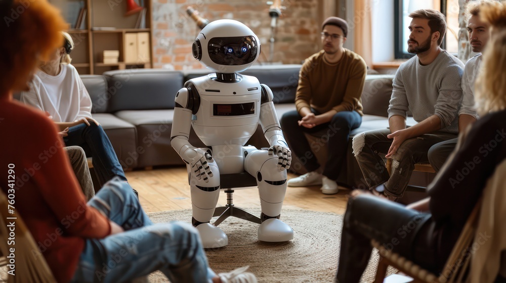 Ai robot is a psychologist sitting in a chair in a support group. The ...