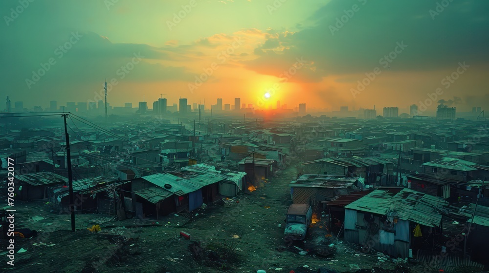 Slums are overcrowded with dilapidated housing and blue roofs. Stock ...