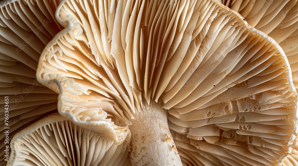 The detailed structure of a mushroom cap showcasing the gills and ...