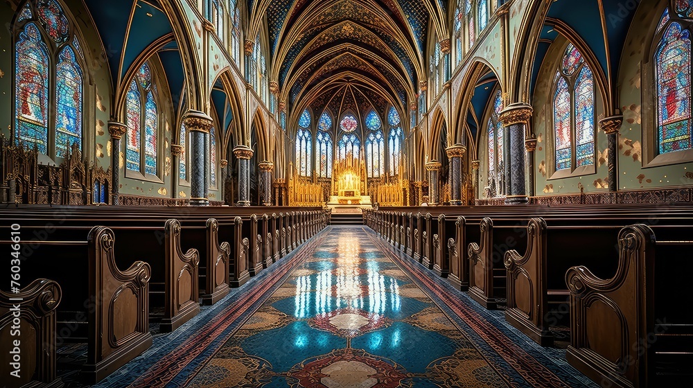 altar interior church building illustration pews stained, glass nave ...