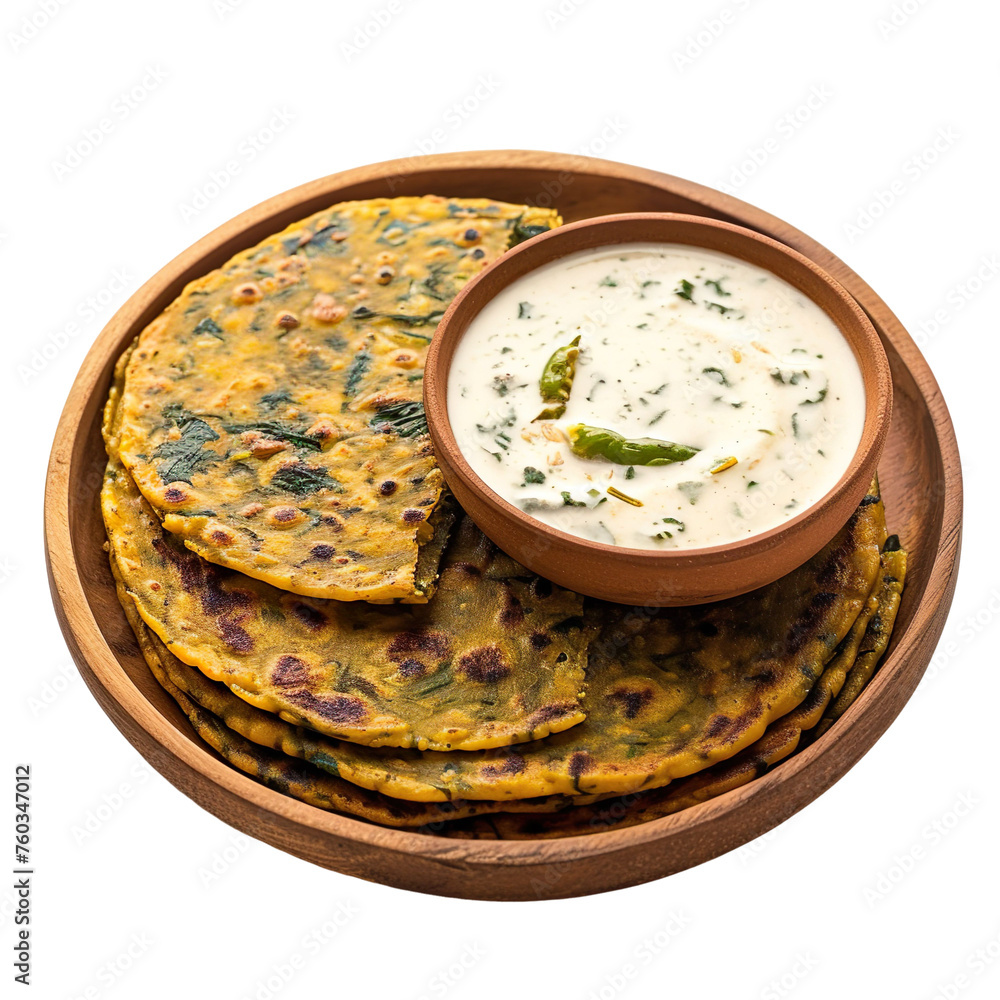 front view of delectable Methi Thepla with Gujarati Kadhi, food ...