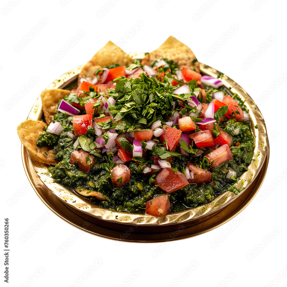 front view of delicious-looking Palak Patta Chaat on an antique brass ...