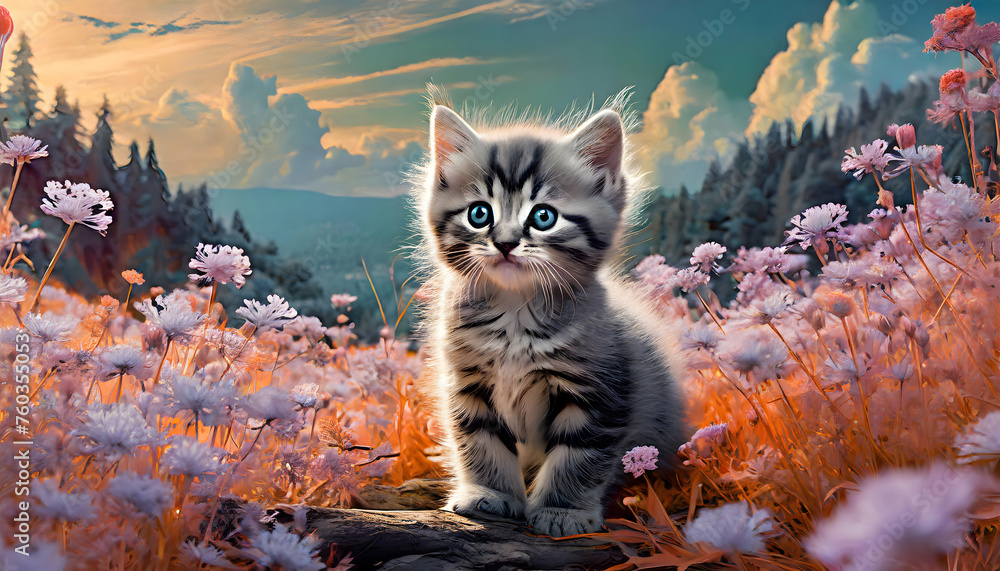 Create an image featuring a serene and Cute Little Kitten an infrared ...