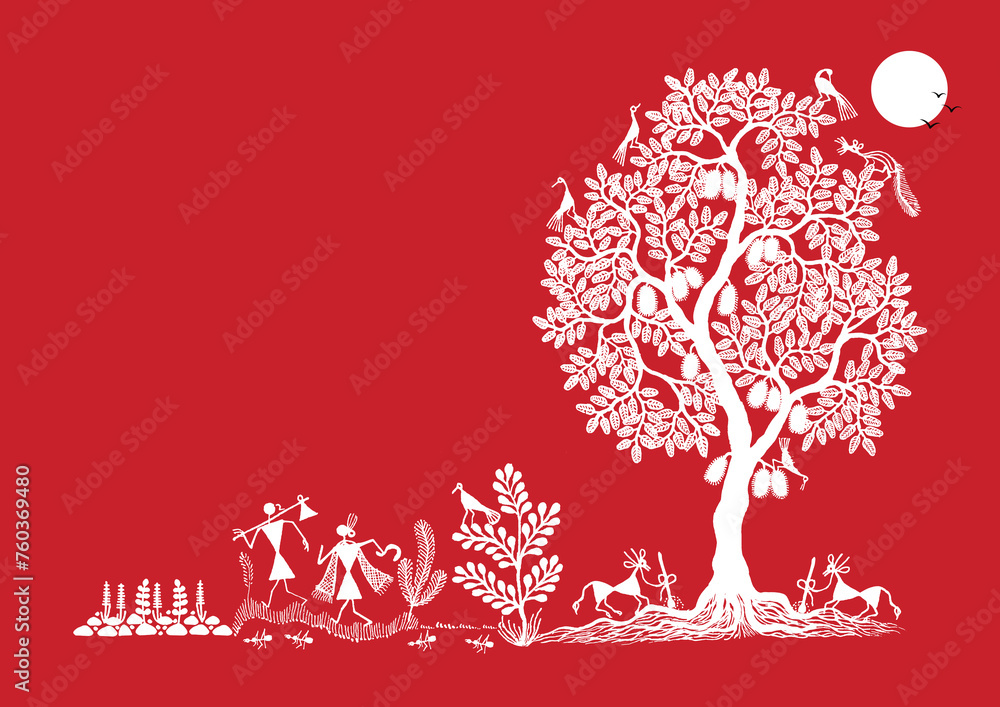 Thriving Together: A Vibrant Warli Depiction of Rural Life with a Tree ...