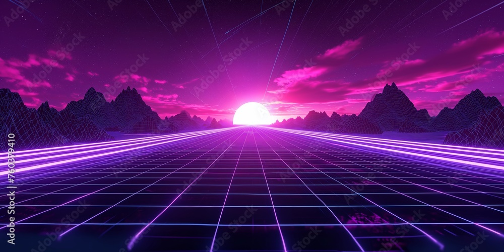 Digital art of a synthwave-style sunset with neon grid, mountain ...