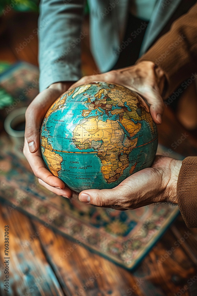 Hands cradling a globe represent the world in our care, a symbol of ...