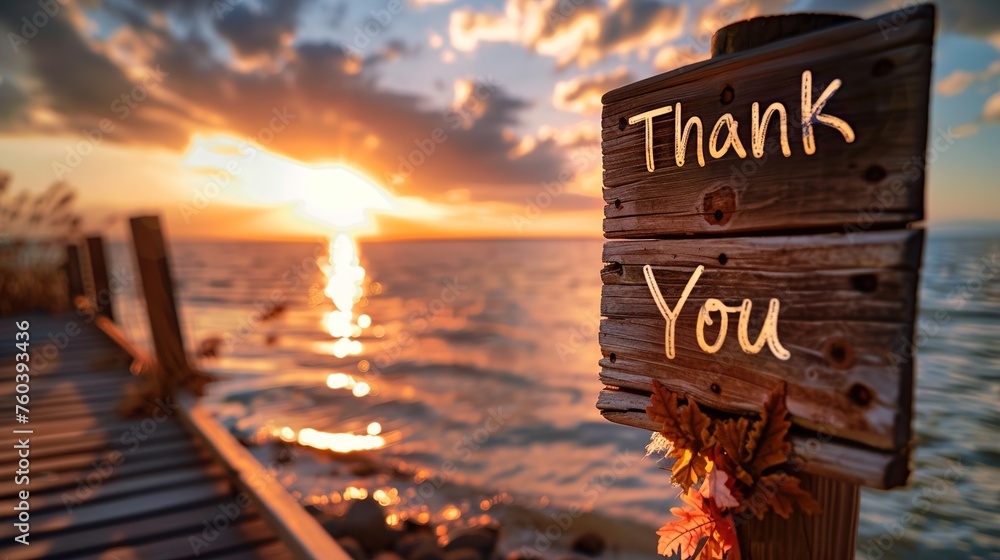 "Thank You" on a heartfelt thank you card with a photograph of a sunset ...