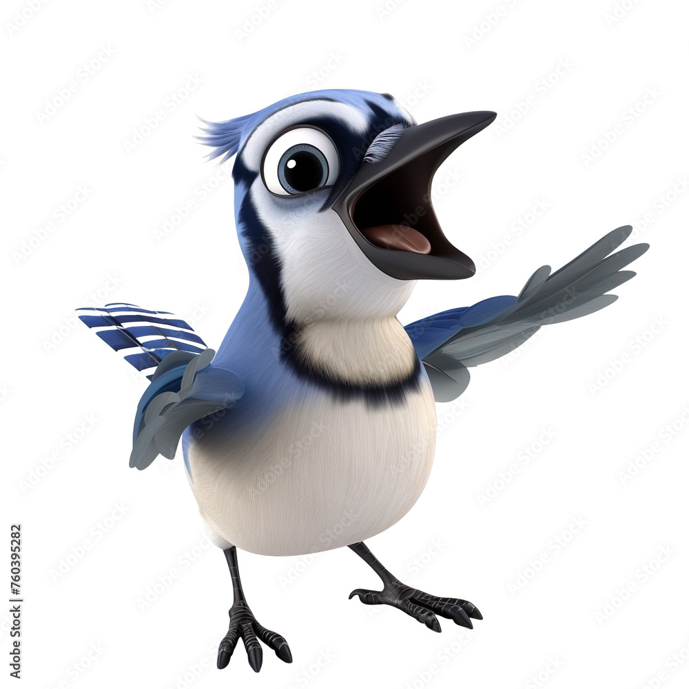 Angled view of a 3D cartoon illustration of cute Blue Jay smiling ...