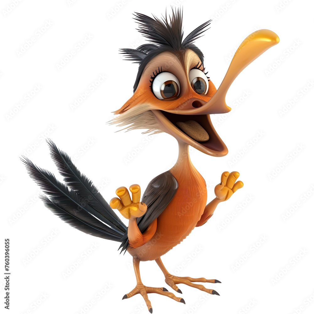 Angled view of a 3D cartoon illustration of cute Roadrunner smiling ...