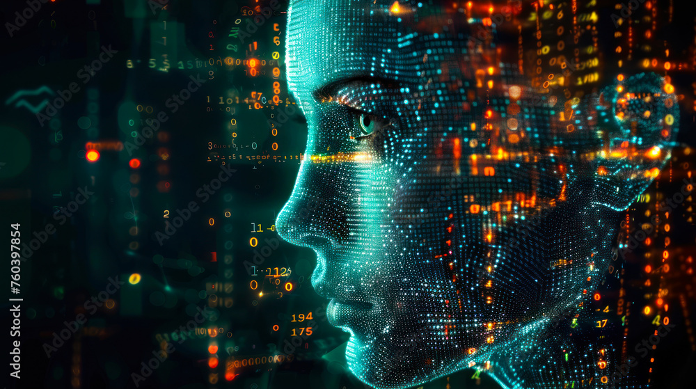 Abstract digital human profile with streaming code, symbolizing ...