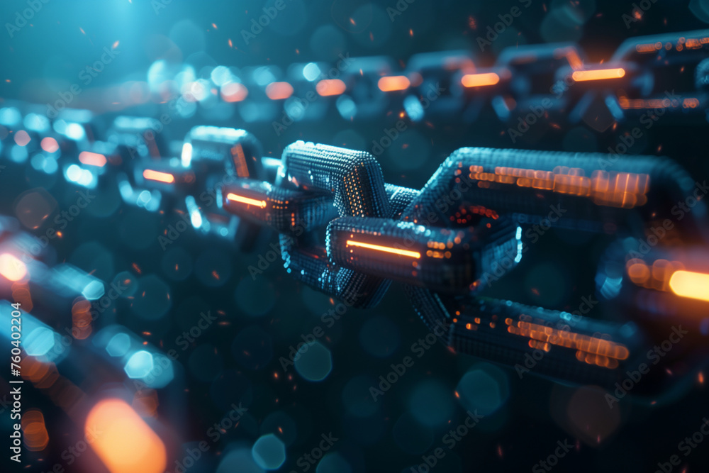A chain of blue links with a glowing center. The chain is made of ...