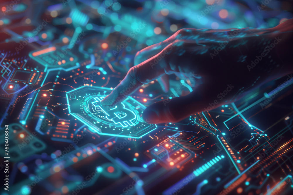 A hand is pointing at a screen with a lot of different symbols and ...