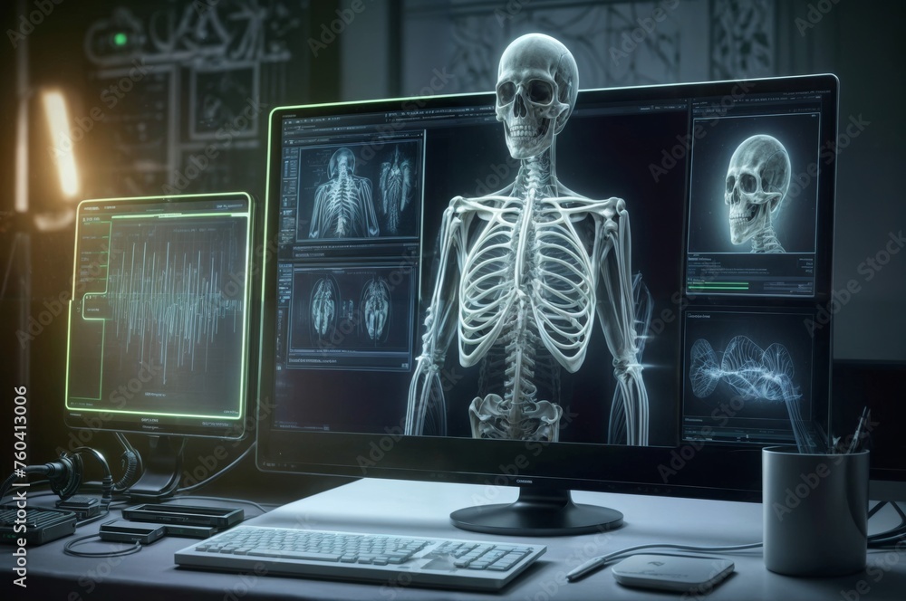 X-ray image of human skeleton on computer screen. 3d rendering Stock ...