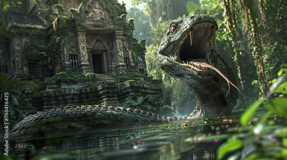 a majestic Naga rising from the ruins of an ancient temple submerged in ...