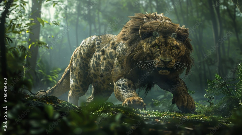 Chimera prowling through a dense misty forest that evokes the untamed ...