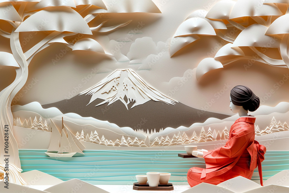 Artistic paper craft depiction of a traditional Japanese tea ceremony ...
