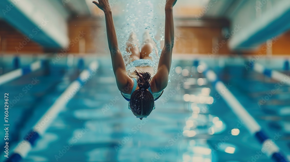Caucasian female athlete swimmer dives into a swimming pool at a sports ...
