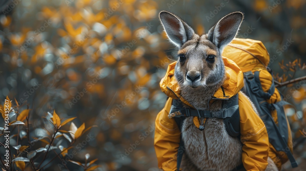 A kangaroo equipped with safety gear, braving a tough trail, embodies ...