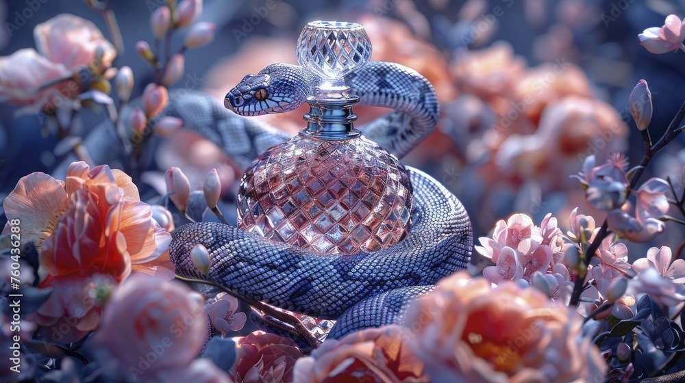 A vibrant snake is wrapped around a crystal bottle of perfume, set ...