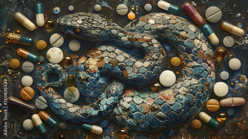 Snake coiling around an ancient symbol of medicine, set against a ...