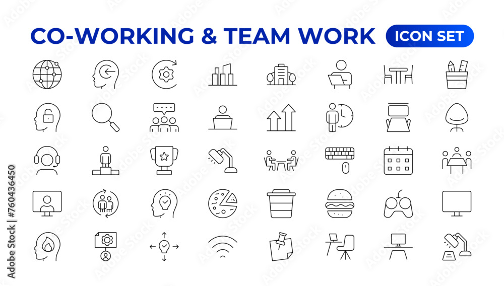 Co-working & Teamwork.Office and coworking linear icons collection. Set ...