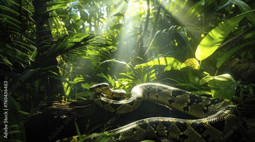 Snake in a lush rainforest, slithering from shadow to sunlight ...