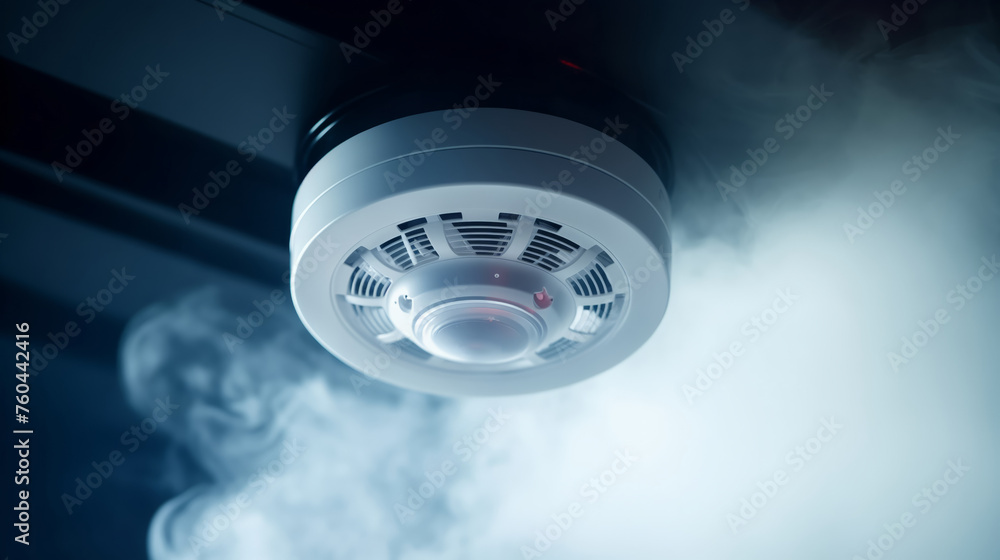 Working smoke detector and fire alarm in action. System for protection ...