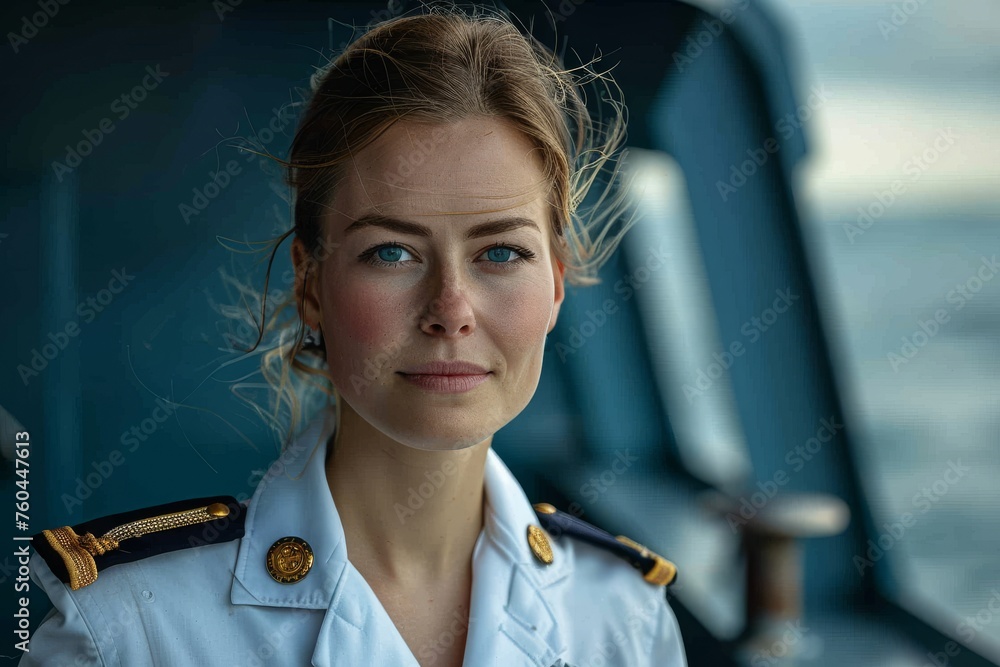 Confident female naval captain standing at the helm of a ship Stock ...