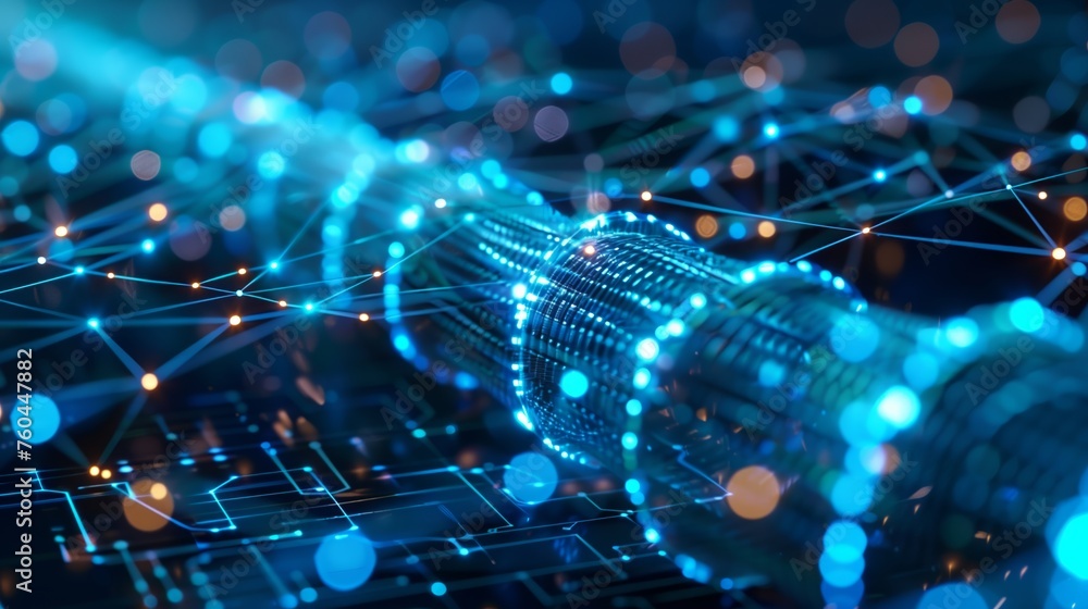 A network of servers and data centers connected via fiber optic cables ...