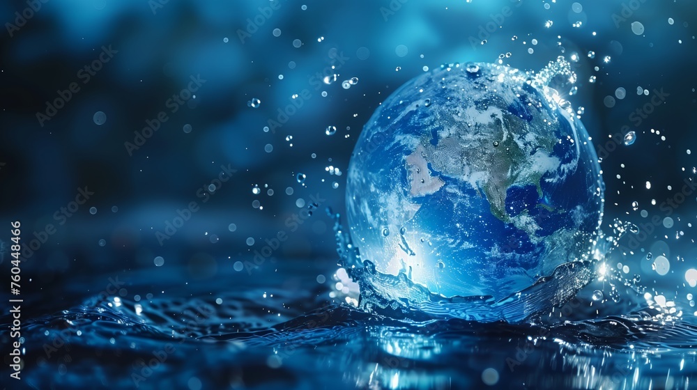 Water droplets forming the shape of continents on a globe, emphasizing ...