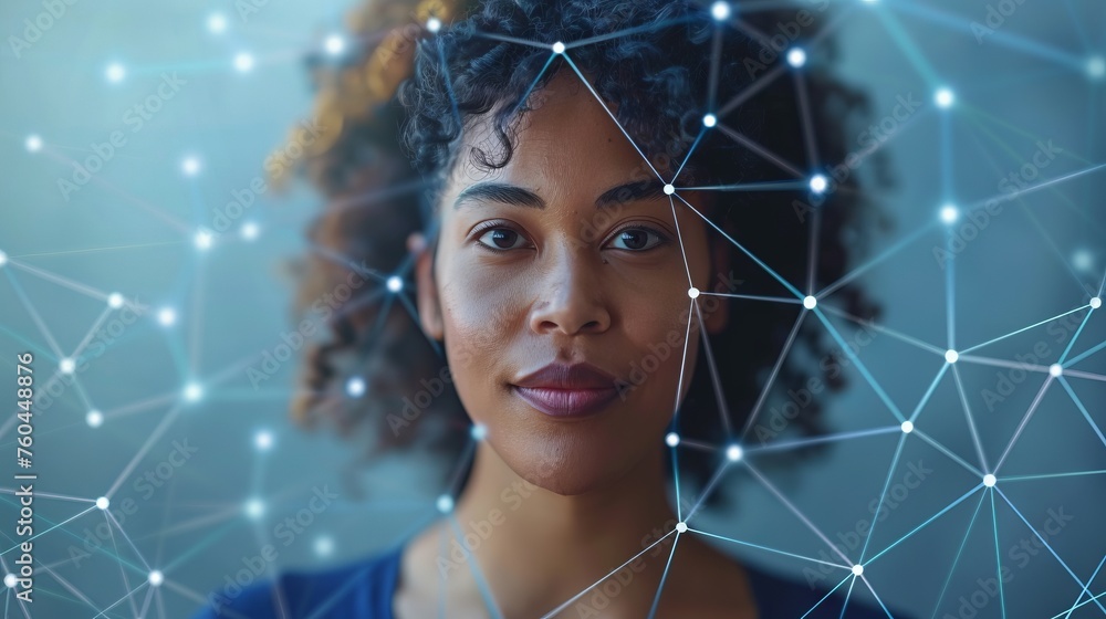 Beautiful african american woman, eye with digital biometric ...