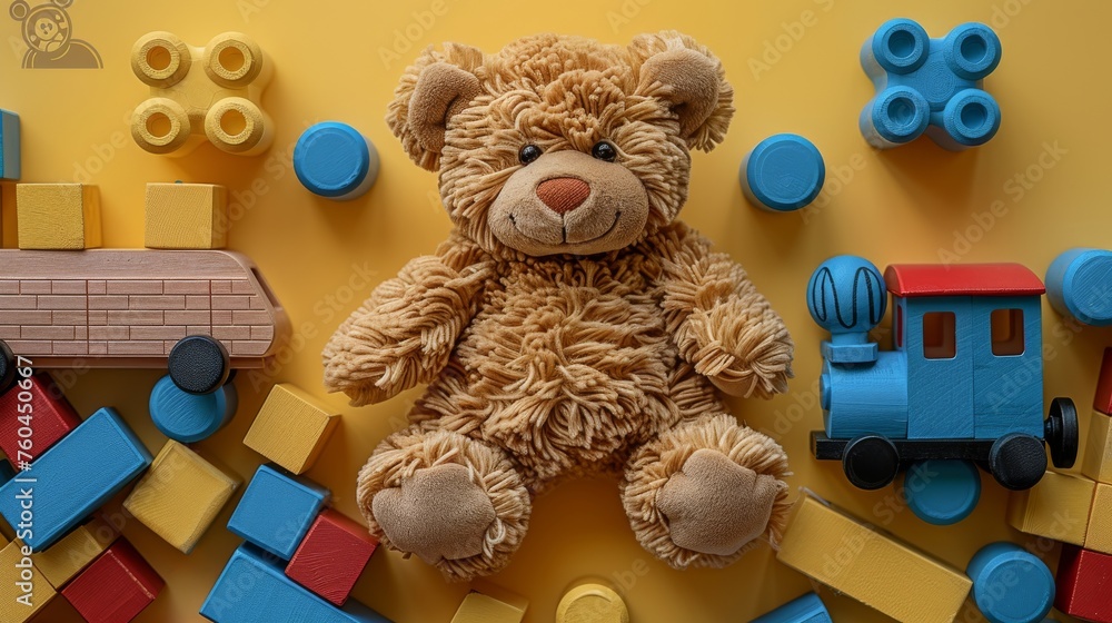 Detailed yellow background with yellow teddy bear, wooden train ...