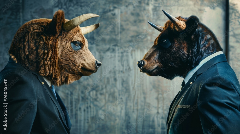 Bull versus bear in suits facing each other, trading on stock market ...