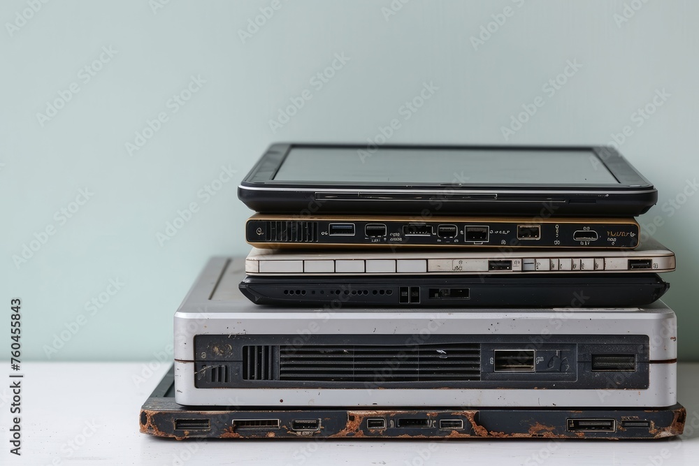 Pile of old used laptop computers and digital tablet for recycling on ...