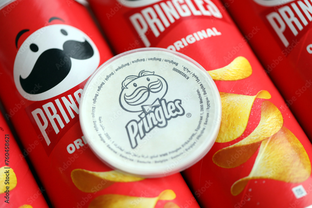 KYIV, UKRAINE - FEBRUARY 27, 2024 Pringles original potato chips on ...